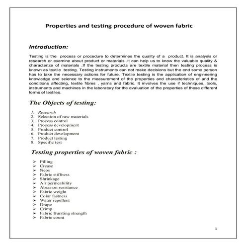 Properties and testing procedure of woven fabric | PDF