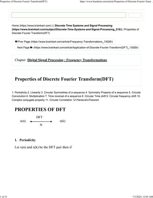 Properties Of Discrete Fourier Transform Dft Pdf