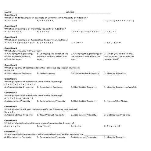 Properties of operations practice sheet | PDF