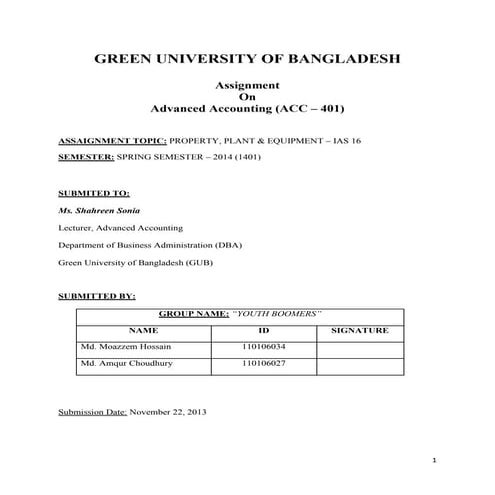 Property plant and equipment IAS 16 (Assignment) | DOCX