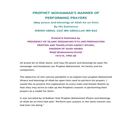 Prophet mohammed's (pbuh) manner of prayers | PDF