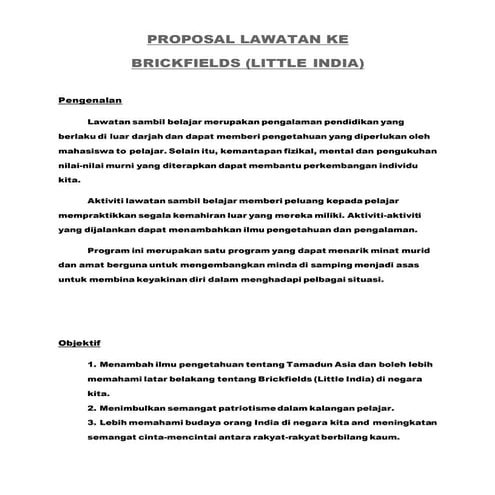 Proposal lawatan ke brickfields (little india) | DOCX