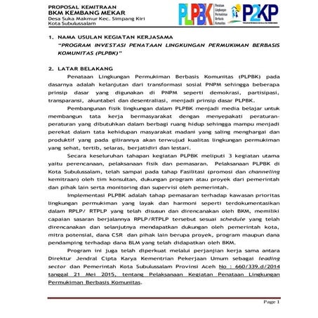 Proposal PLPBK Desa suka Makmur terhadap calon Mitra | PDF