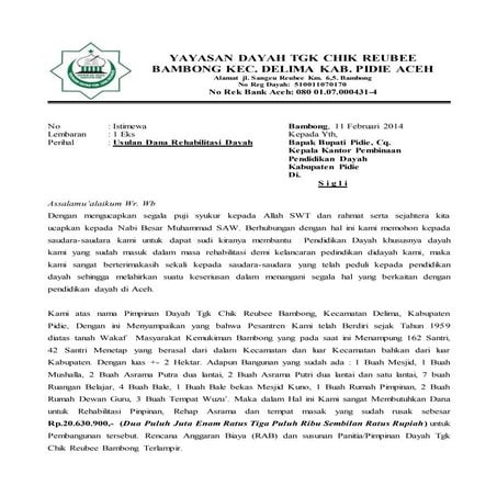 Proposal usulan dana rehabilitasi dayah 11 februari 2014 | DOCX