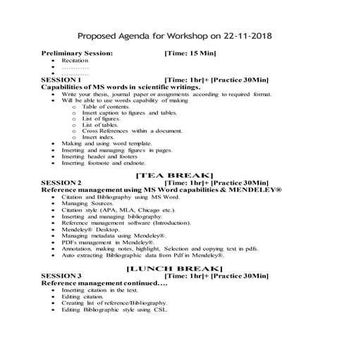 Proposed agenda for workshop | PDF