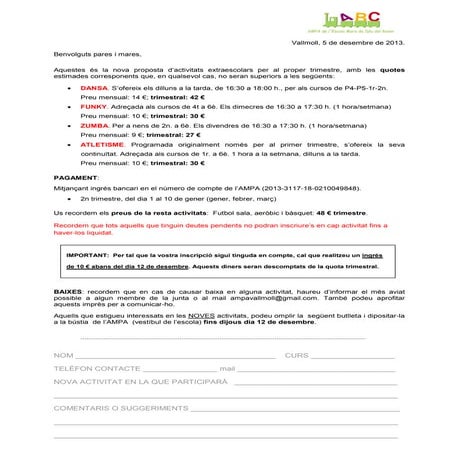 Proposta activitats extraescolars segon trimestre 2013 14 | PDF