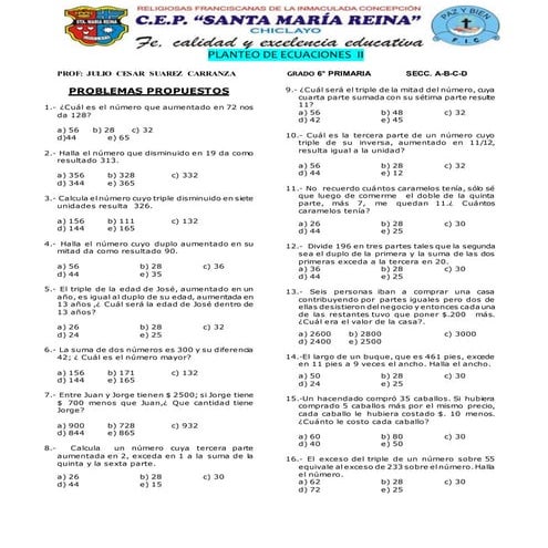 Ejercicios de planteo de ecuaciones para 5to de Primaria | PDF