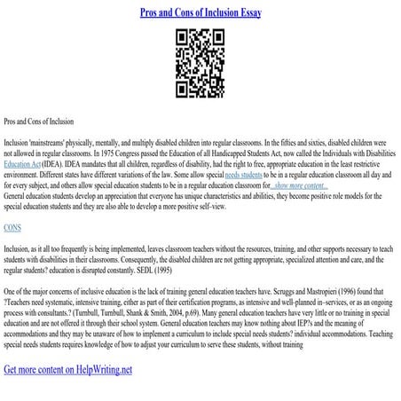 Pros And Cons Of Inclusion Essay | PDF
