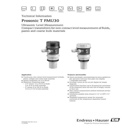 Prosonic t fmu30 endress+hauser datasheet-ultrasonic level measurement ...