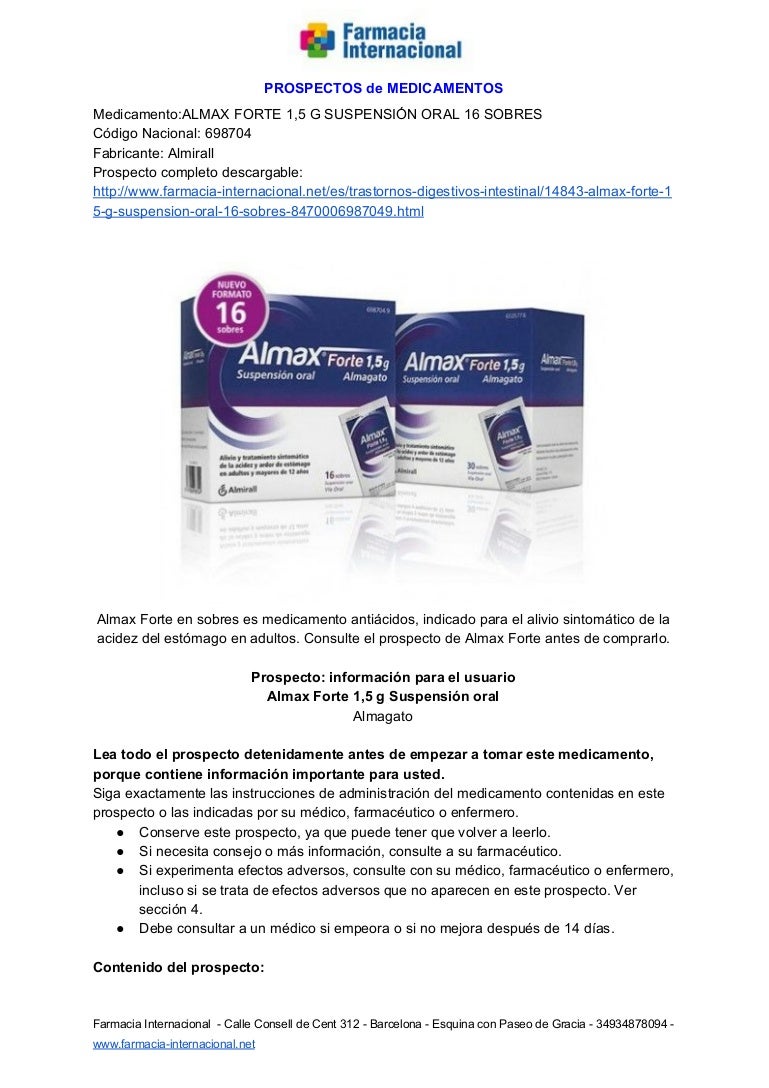 Prospecto Almax forte 1,5 g suspensión oral 16 sobres