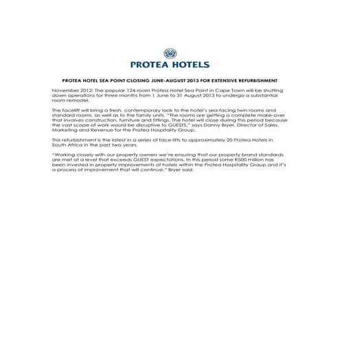 Protea Hotel Sea Point Launch | PDF