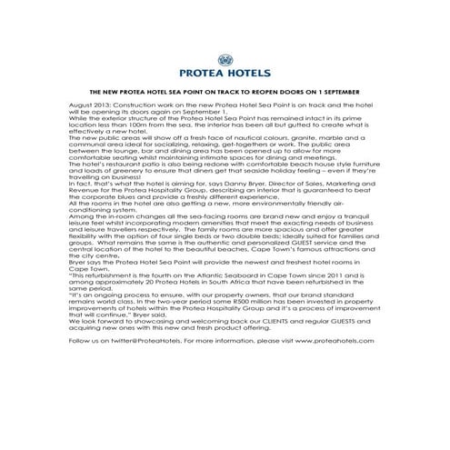 Protea Hotel Sea Point Launch | PDF