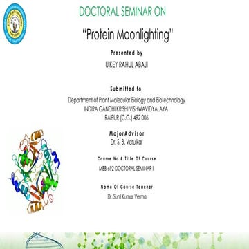 DOCTORATE SEMINAR OF RAHUL UIKEY ON PROTEIN MOONLIGHTING | PPT