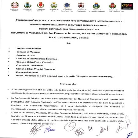 Protocollo d intesa Comuni del Brindisino e Libera | PDF
