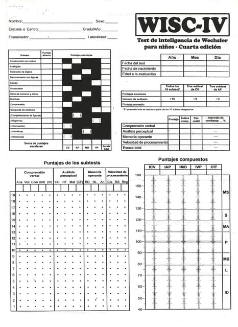 Protocolo de la Escala de inteligencia Wechsler para niños (Wisc - IV)