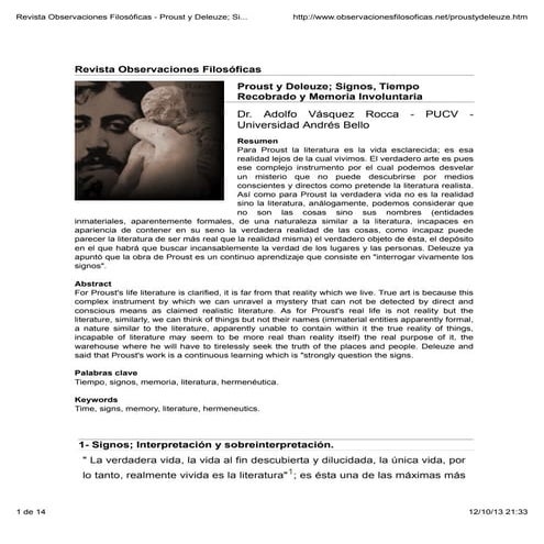 Proust y deleuze; signos, tiempo recobrado y memoria involuntaria | PDF