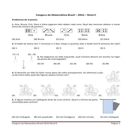 Prova Canguru da Matemática - 6º ano - 2016 | PDF