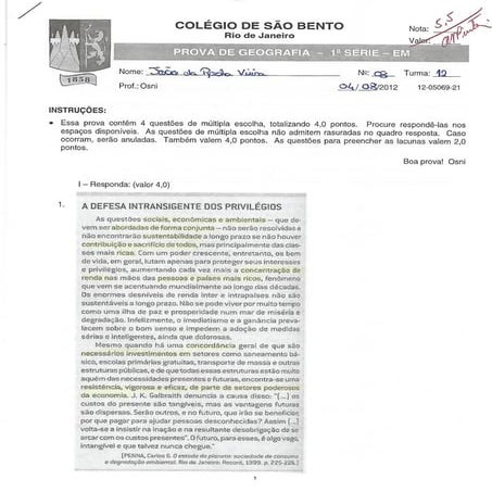 Prova de geografia 1o ano (2012) 3o período | PDF