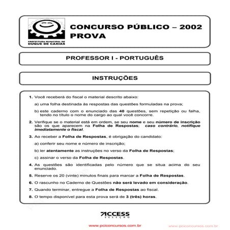 Prova do concurso para professor de Português da Prefeitura de Caxias ...