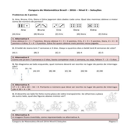 Solução da Prova Canguru de Matemática - Nível E - 2016 | PDF