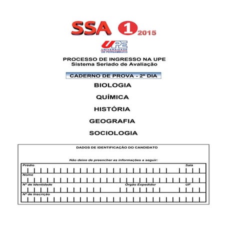 Provas do segundo dia do SSA1 da UPE | PDF