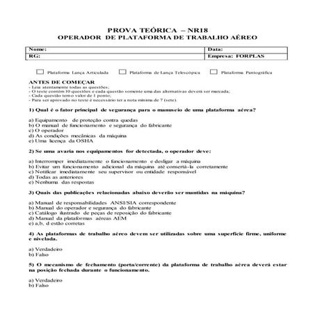 Prova teórica pta nr18 | DOCX