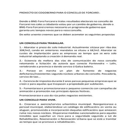 Proxecto de cogoberno para o concello de forcarei | PDF
