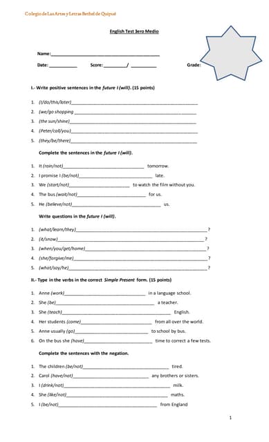 prueba de ingles primero basico | PDF