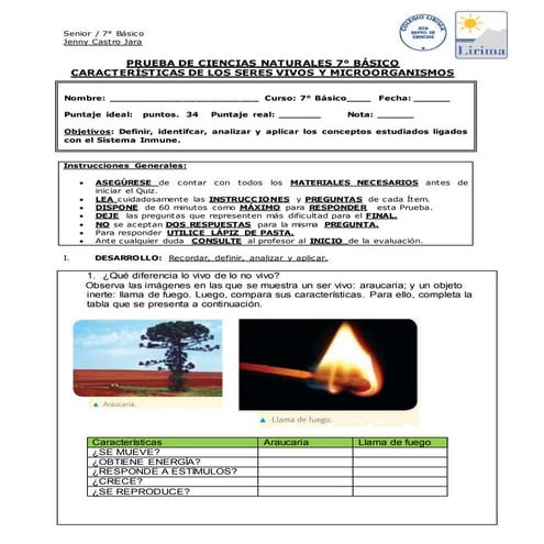 Prueba 7° a características de los seres vivos y microorganismos | DOC