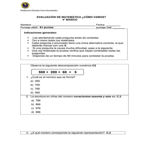prueba semestral Matemática cuarto básic | DOCX