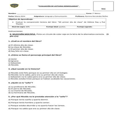 Prueba comprensión lectora 1 lenguaje1° | DOC
