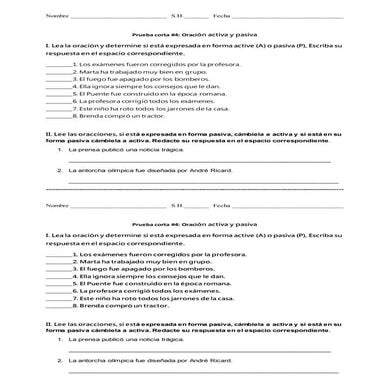 Prueba corta oracion activa y pasiva | DOCX | Olympic Sports | Sports
