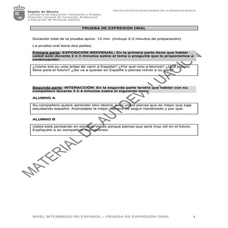 Expresión oral. Certificación Nivel Intermedio B1 Español EOI Murcia | PDF