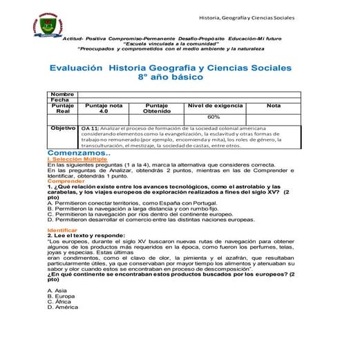 Prueba de historia 8° original | DOCX