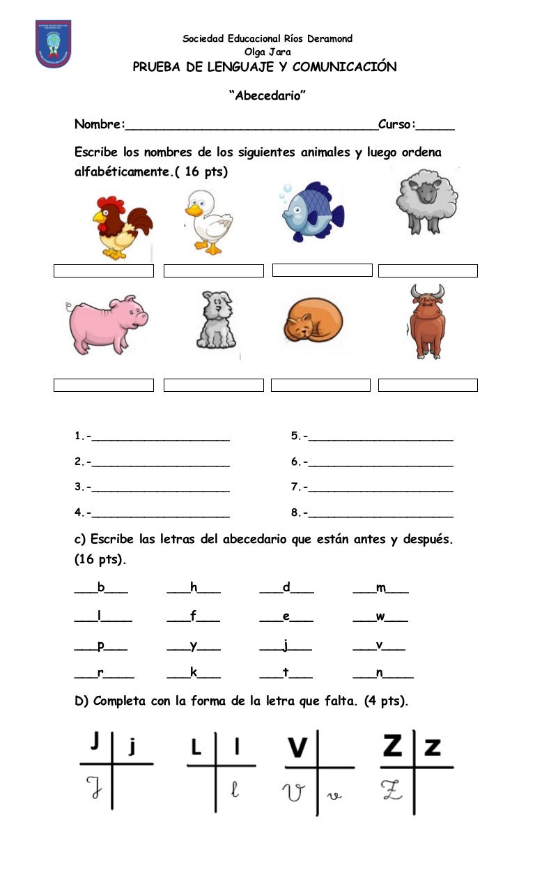 Prueba de lenguaje y comunicación abecedario