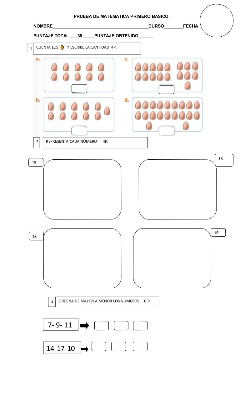 Prueba de matemática primero basico