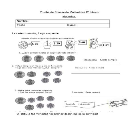 Prueba de matematica monedass 2 | DOC