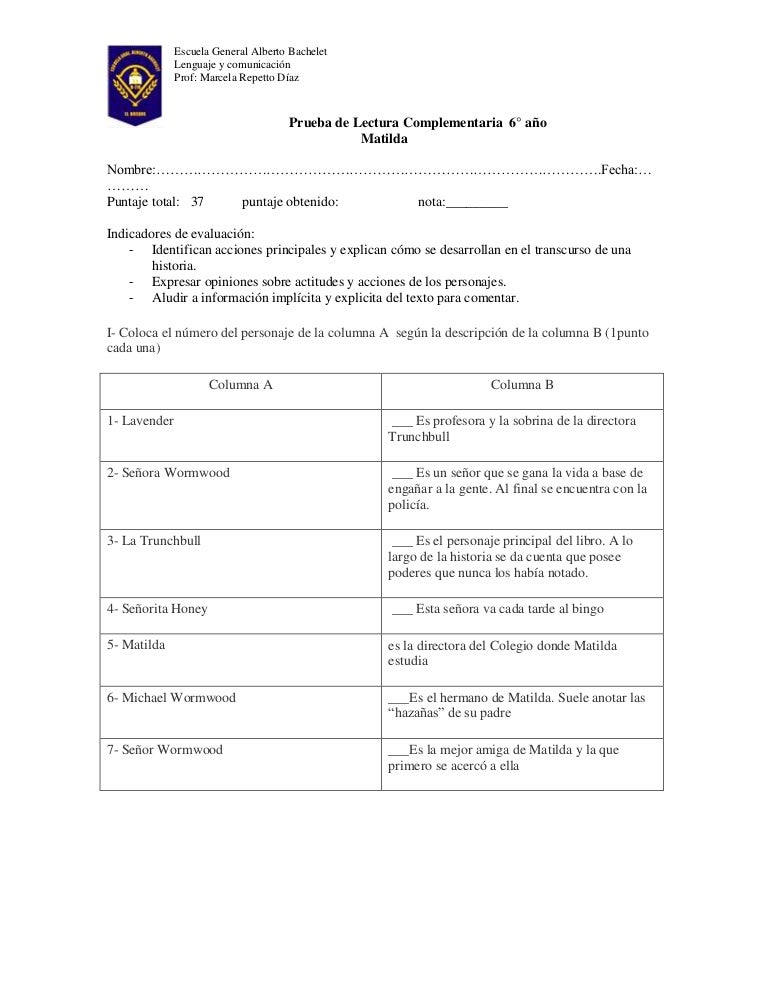 prueba de matilda con respuestas