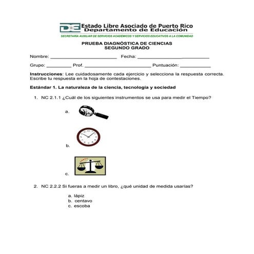 Prueba dignóstica cien segundo grado | PDF