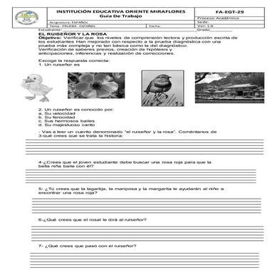 Prueba español comprension lectora y producción escrita el ruiseño y la ...