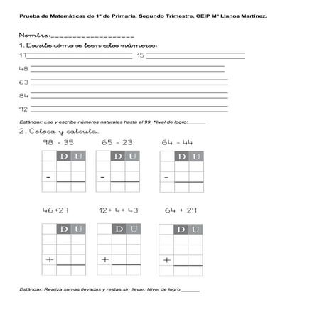 Prueba de Matemáticas 1º Primaria por estándares | PDF