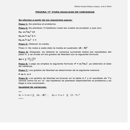 Prueba f para la igualdad de varianzas | DOCX
