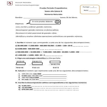 Prueba Matemática Números Naturales | DOCX