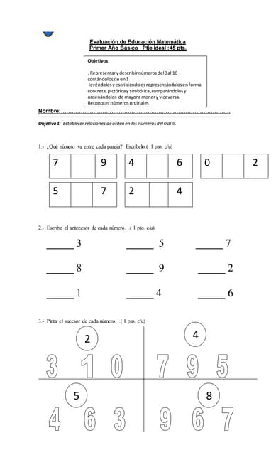 Prueba de numeros ordinales 1 basico | PDF