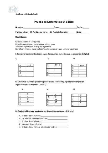Prueba diagnostico 7°matemáticas | PDF