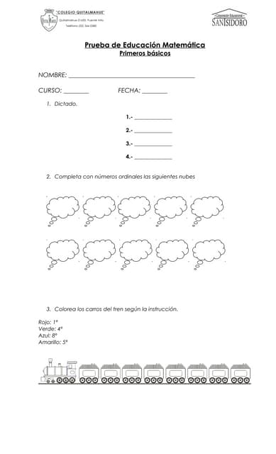 Prueba de numeros ordinales 1 basico | PDF