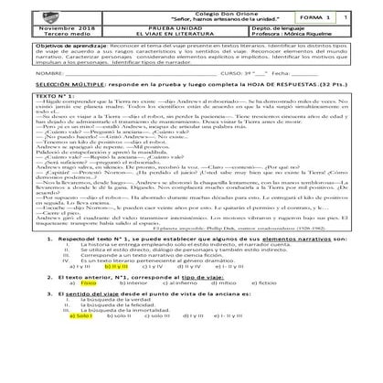 Prueba unidad "El viaje en literatura", Tercero medio. | DOCX