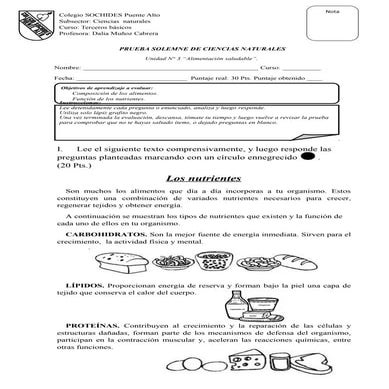 Prueba Unidad N 3 Alimentación Saludable 3º Básico Doc