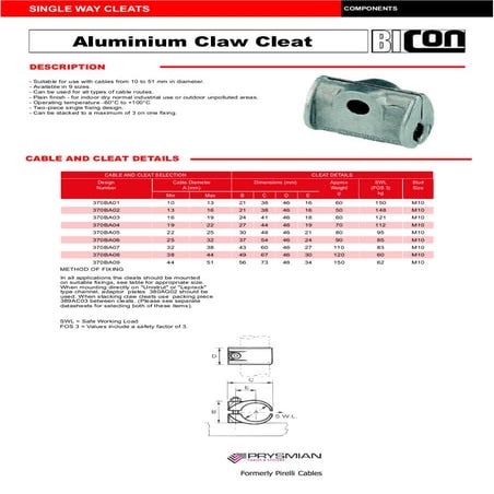 Prysmian Cable Cleats - Claw Cleats (Aluminium Single Way) | PDF