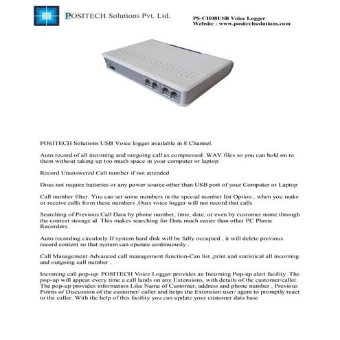 POSITECH 8 Line Telephone Call Recording Device | PDF